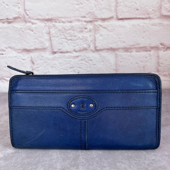 Fossil | Bags | Fossil Blue Leather Keyhole Zip Wallet | Poshmark